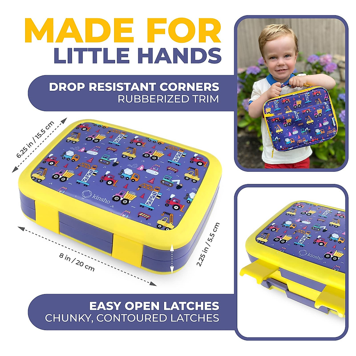 Bundle of Bento Box, Insulated Lunch Bag, Ice Pack & Water Botle Set for Kids - 5 Leakproof Compartments (Blue Yellow Truck) + Toddler Backpack for Boys, Cute 13” (Blue Yellow Trucks)