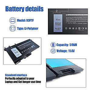 JGTM 51Wh 93FTF Laptop Battery Replacement for Dell Latitude 5580 5590 5480 5490 5280 5288 5488 5491 5495 5591 E5280 E5480 E5580 Precision 15 3520 3530 M3520 M3530 D4CMT GJKNX 3DDDG 83XPC 4YFVG 11.4V