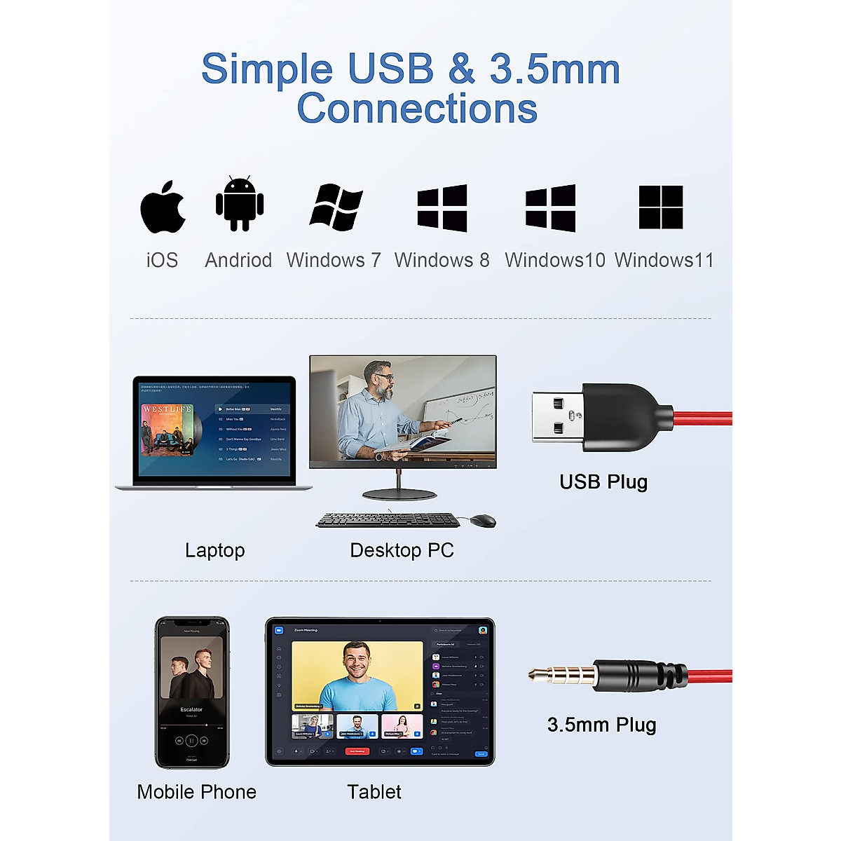 HROEENOI USB Headset with Noise-Cancelling Mic - Wired Headphones for PC, Laptop - Ideal for Zoom, Skype, Call Center, Home Office, 5-Year Warranty