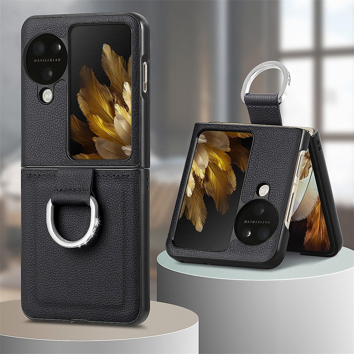 CCSmall Oppo Find N3 Flip Slim PU Leather Protective Cover Case with Ring, Black