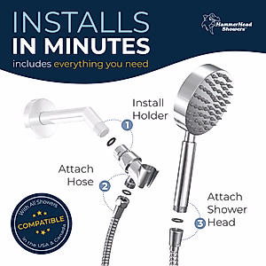 HammerHead Showers® ALL METAL LOW FLOW Handheld Shower Head with Hose and Brass Holder - CHROME – Water Saving 1.75 GPM Detachable Shower Head - Adjustable Shower Wand Bracket & 6ft Hose