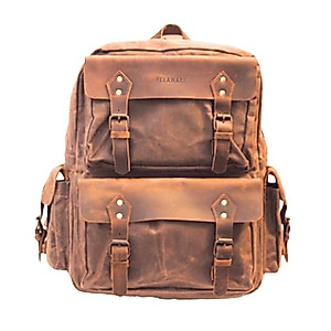 Peraware TIMBER Mens Vintage Leather Waxed Canvas Western Rucksack for Travel Backpack/Mens Bushcraft Gear Backpack Men/Mens Backpack for Travel & Accesories Booksack