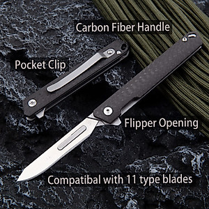 TENCHILON TC18 Small Carbon Fiber Pocket Folding Scalpel Knife, 10pcs #60 and #24 Replaceable Blades, Compact Slim Gentleman's Flipper EDC Utility Knives with Pocket Clip