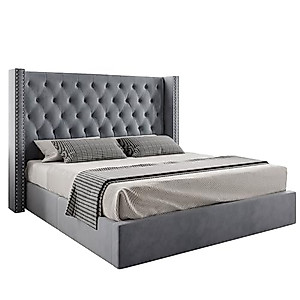 Jocisland King Size Lift Up Storage Bed, Upholstered Platform Bed Frame and Velvet Button Tufted Headboard with Wingback, Hydraulic Storage, No Box Spring Needed, Easy Assembly, Gray