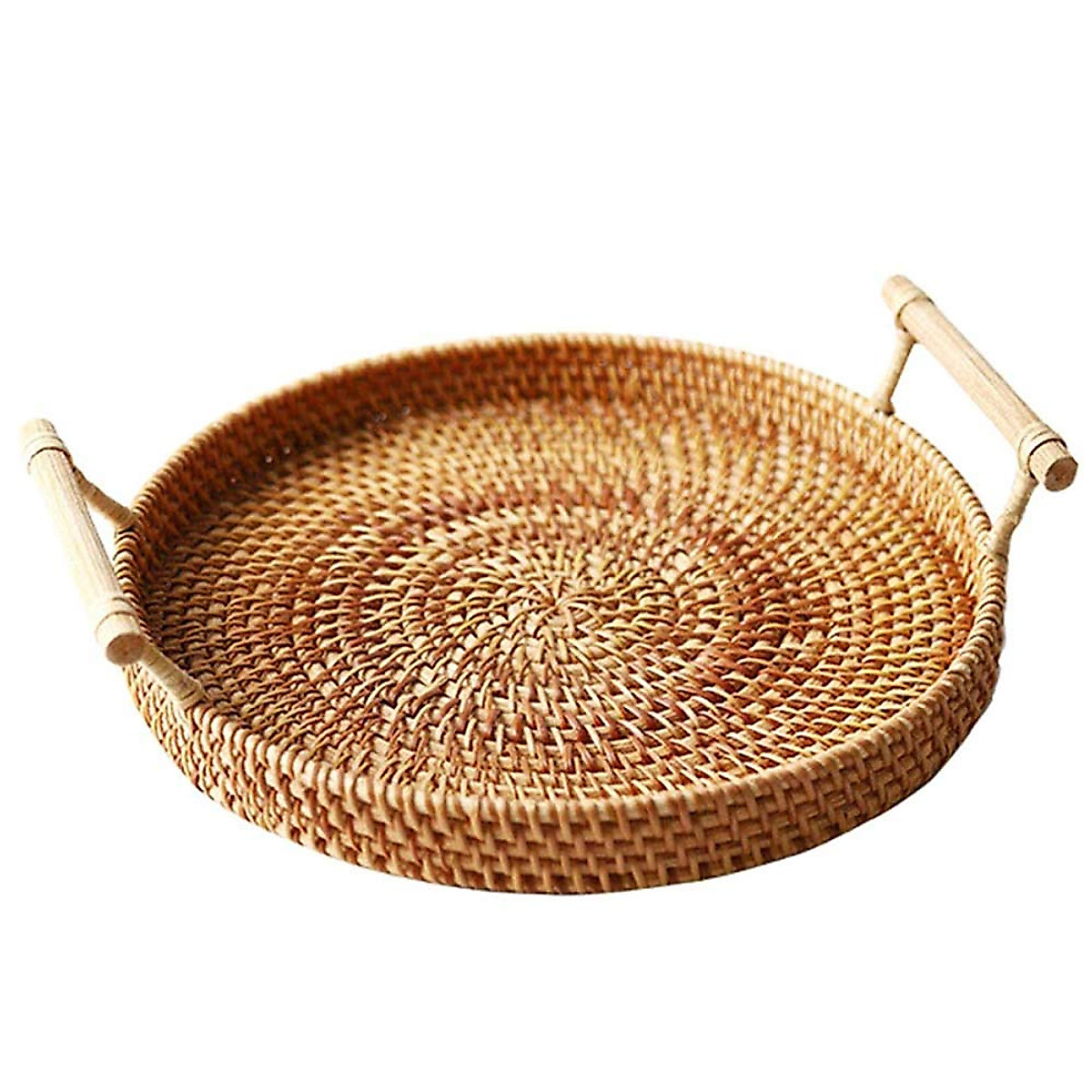 WOSHI 11.02in Rattan Storage Tray Round Basket Wicker Basket Storage Tray with Handle 3 Size Fruit Food Round Basket Display Hand-Woven Rattan Tray (L)