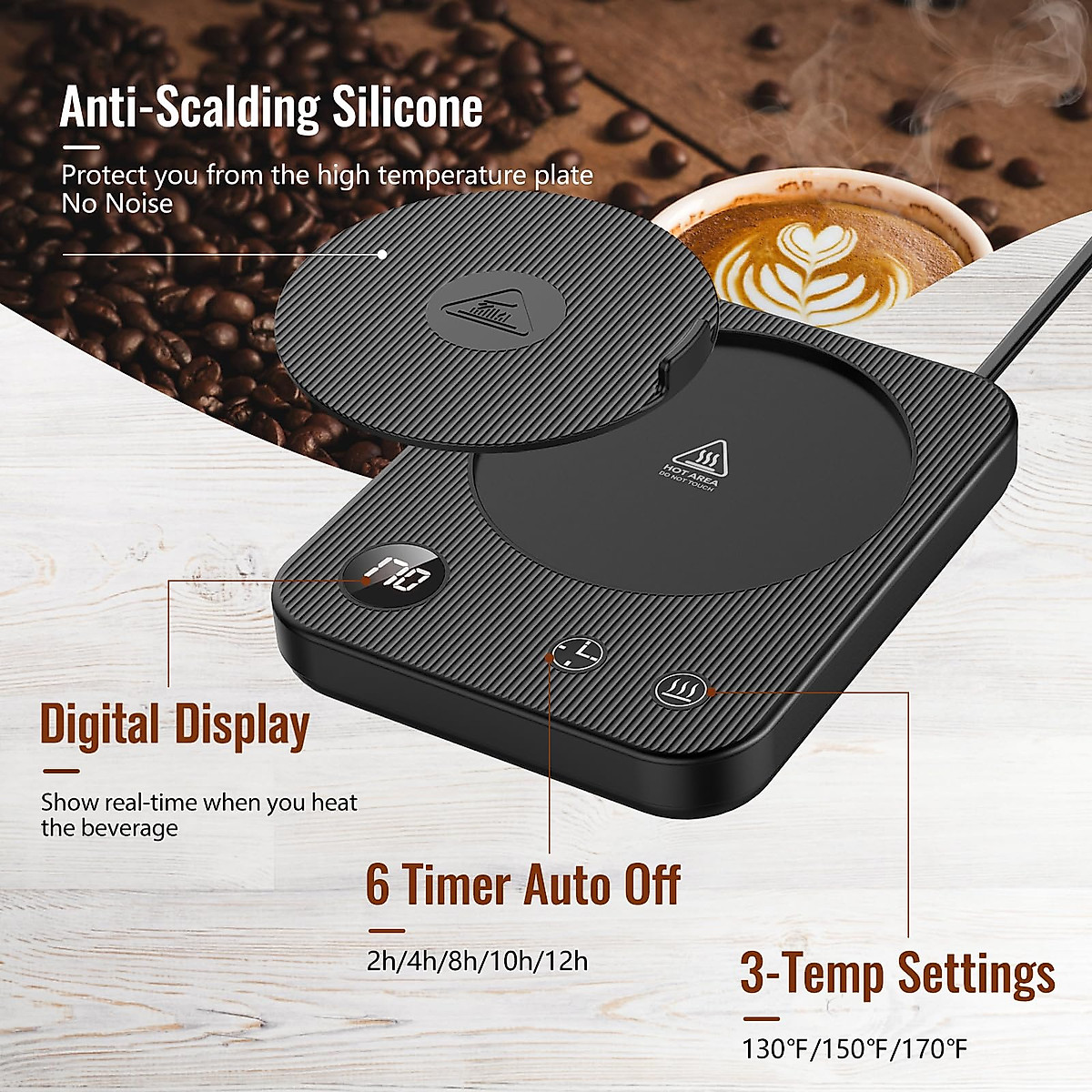 Mug Warmer,3-Temp Settings Coffee Mug Warmer,Automatic Shut Off Coffee Warmer,Mug Warmer for Desk with Anti-Scalding Silicone,Portable Coffee Cup Warmer,Coffee Warmer for Desk Suits for Various Mugs