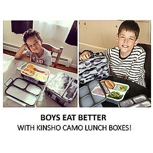 Camo Lunch Box for Boys | Bento Boxes with Bag, Ice Pack Set | Snack Containers for Kids Men Adults. 3 Leakproof Compartments, Container with Insulated Bags for School Lunches, Black Grey Camoflauge