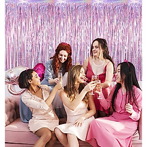 GOER 3.2 ft x 8.2 ft Metallic Tinsel Foil Fringe Curtains Party Photo Backdrop Party Streamers for Birthday,Graduation,New Year Eve Decorations Wedding Decor(1 Pack,Laser Pink)