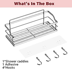 BDS-DELWINS Shower Caddy Basket Shelf with Hooks Adhesive Wall Mounted Bathroom Rack No Drilling Rustproof 304 Kitchen Storage Organizers (Silver)-1 Pack