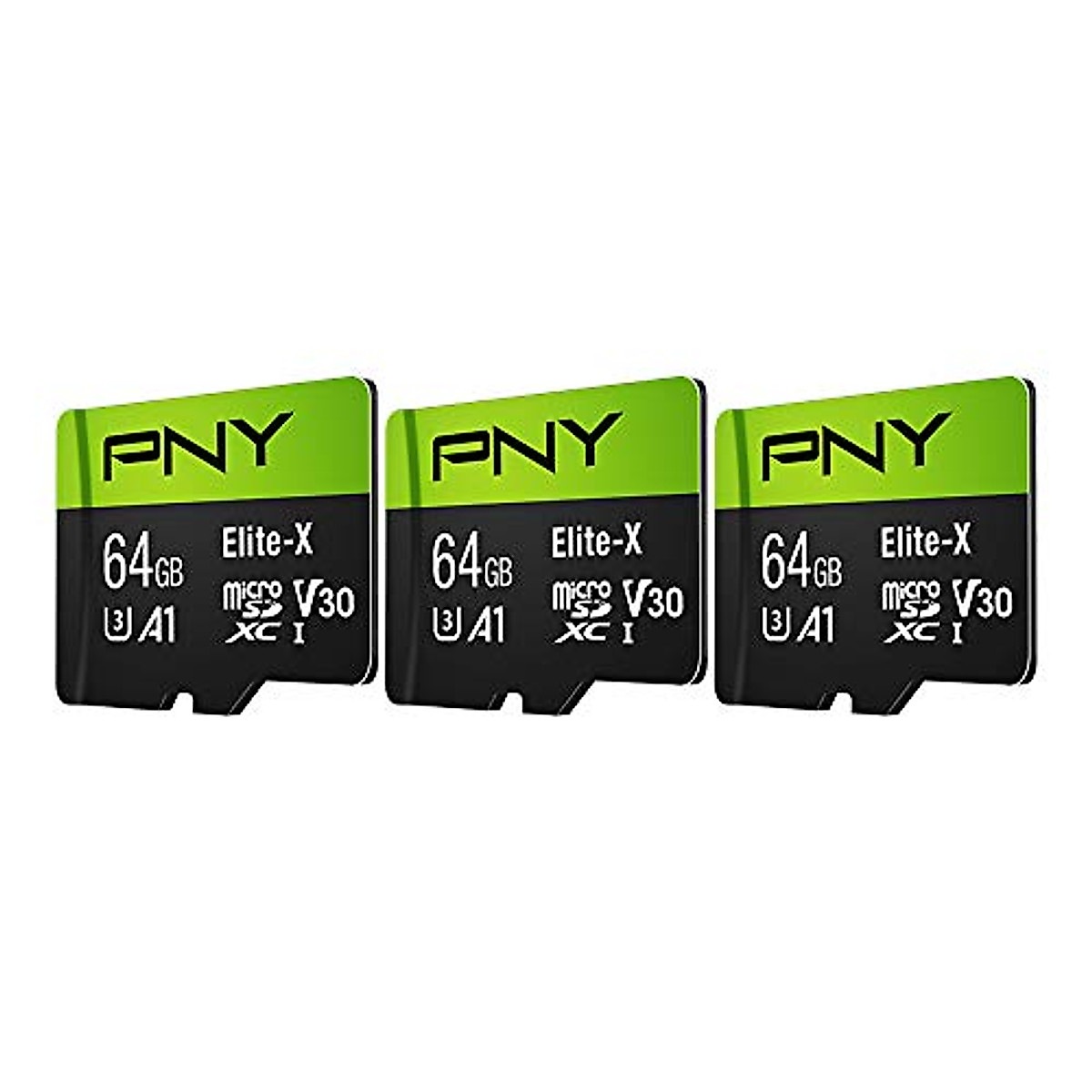 PNY 64GB Elite-X Class 10 U3 V30 microSDXC Flash Memory Card, 3 Count (Pack of 1) - 100MB/s, Class 10, U3, V30, A1, 4K UHD, Full HD, UHS-I, micro SD