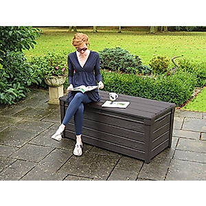 Keter Brightwood 120 Gallon Resin Large Deck Box for Patio Garden Furniture, Outdoor Cushion Storage, Pool Accessories, and Toys, Grey