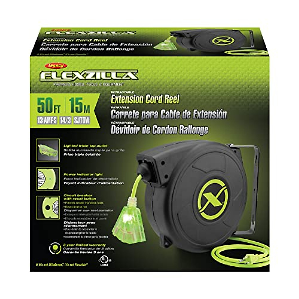 Flexzilla Retractable Extension, 14/3 AWG SJTOW, 50', Grounded Triple Tap Outlet Electric Cord Reel, ZillaGreen, FZ8140503