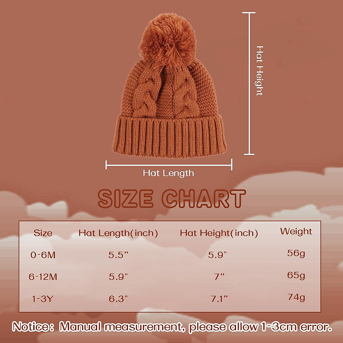 Zsedrut Baby Winter Beanie for Girls Boys Infant Toddler Warm Knit Twist Hat with Pompom (White+Black+Caramel, 0-6 Months)