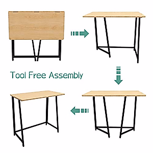 Siunzs Folding Desk, 32 Inch Small Desks for Small Spaces,Space Saving Foldable Computer Desk for Home Office Study Writing, Portable Small Collapsible Desk, Easy Assembly, Black Frame, Maple