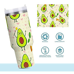 Cute Avocado Beige Insulated Stainless Steel Tumblers with Handle and Straw Lid for Water, Tumbler Insulated 30 OZ / 0.89 L