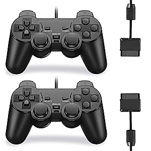 TUOZHE Wired Controller for PS2 Double Shock, 2 Pack Gamepad Remote Compatible with Play Station 2 (Two Black)