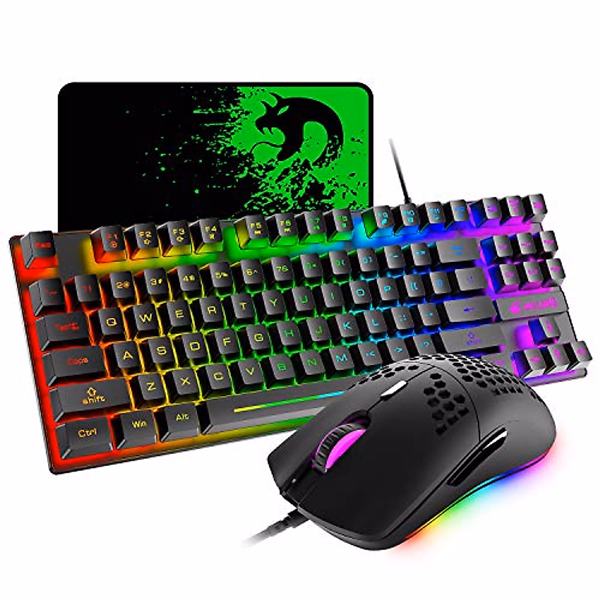 RGB Gaming Keyboard and Mouse Combo, 87 Keys USB Wired Rainbow Keyboard and Lightweight Gaming Mouse, 6400 DPI Adjustable, 6 Programmed Buttons, for Laptop PC Computer Game and Work