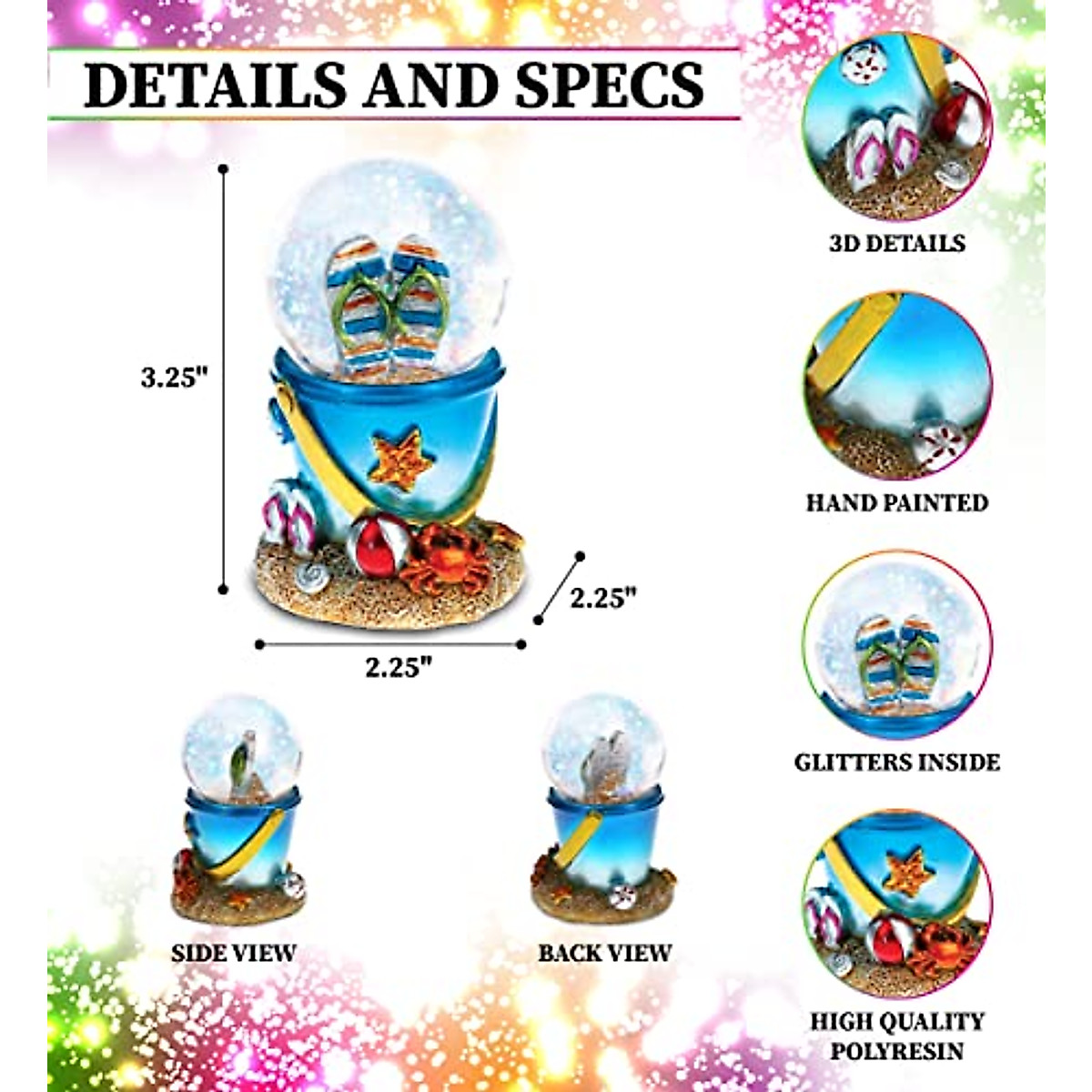 CoTa Global Cool Summer Sandals Beach Bucket Snow Globe - Water Globe Figurine with Sparkling Glitter, Collectible Novelty Ornament for Home Decor, for Birthdays and Valentine's - 45mm