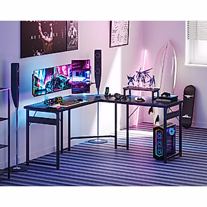 Casaottima 51 inch L Shaped Gaming Desk with Power Outlets and USB Port, Corner Desk Gaming Table with Monitor Stand for Home Office, Computer Desk for Small Space, Carbon Fiber Surface, Black