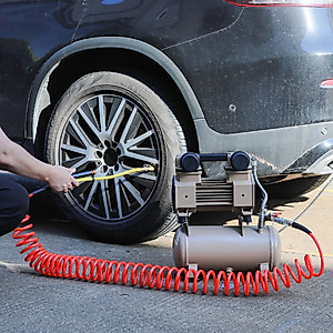 Hromee 1/4 in x 30 ft Polyurethane Recoil Air Compressor Hose with Bend Restrictors Compressor Hose with 1/4" Industrial Universal Quick Coupler and 4PCS I/M Plug Kit, Red