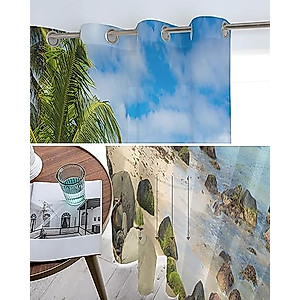 Sheer Curtains 1 Panel,Palm Tree Beach Sea Cloud Blue Sky Island Reef Stone Chiffon Window Treatment Grommet Semi Transparent Drapery for Kitchen Bedroom Decorations,52x96 Inch