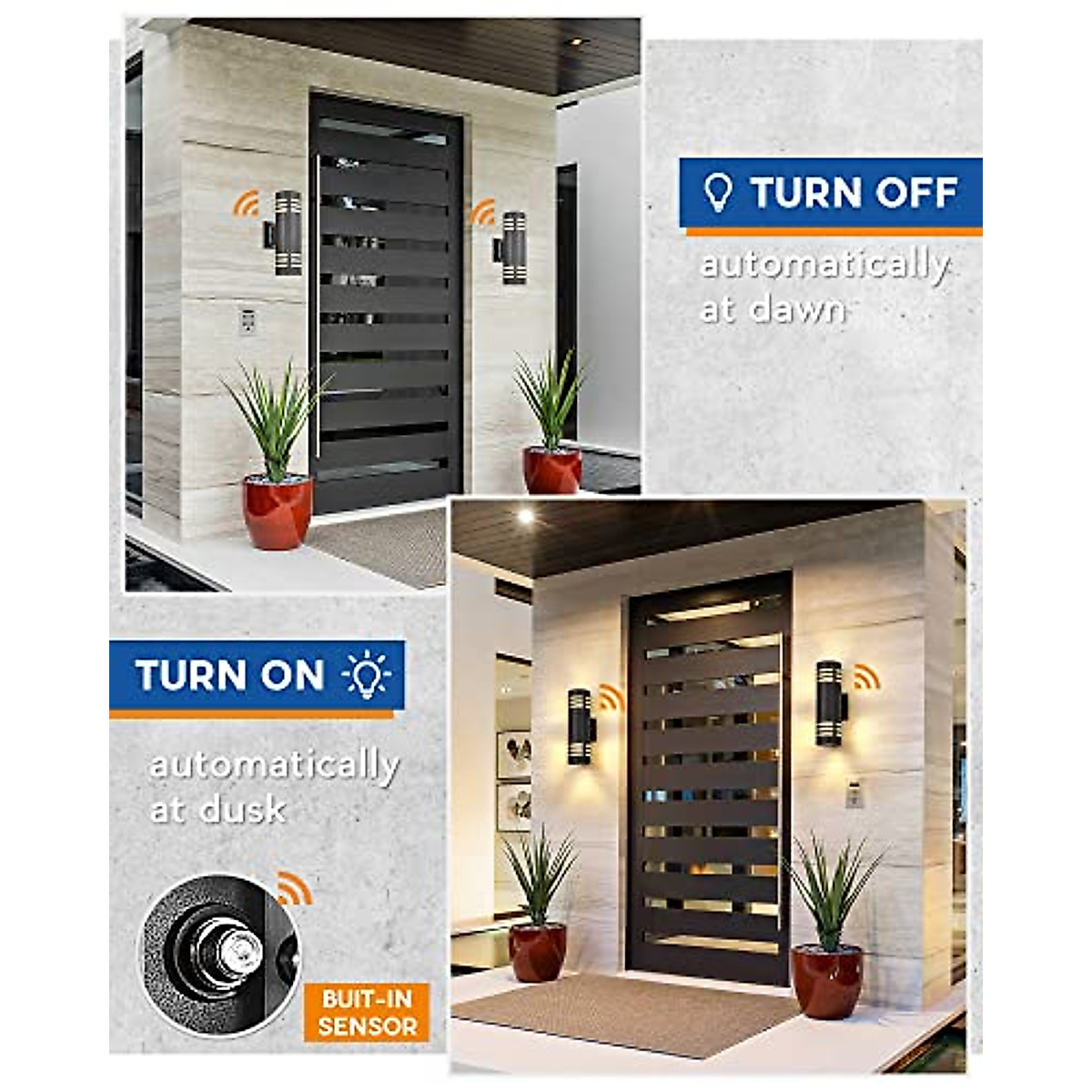 TENGXIN Outdoor Wall Light,Dusk to Dawn Modern Outdoor Wall Sconce with Stainless Steel Cylinder, Black Finish Wall Mount Light,E26 Socket,IP65 Waterproof,UL Listed.