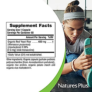 NaturesPlus Source of Life Garden Certified Organic Red Yeast Rice - 600 mg, 60 Vegan Capsules - Nutritional Support for Overall Well-Being - Vegetarian, Gluten-Free - 60 Servings