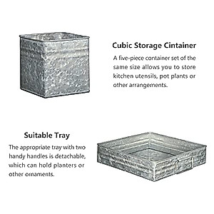 Putuo Decor Set of 4 Galvanized Square Metal Planter with Tray, Rustic Farmhouse Herb Pot with Handles, Utensil Caddy Napkin Organizer, 4 x 4 Inches Planters on 8.2 x 8.2 Inches Tray