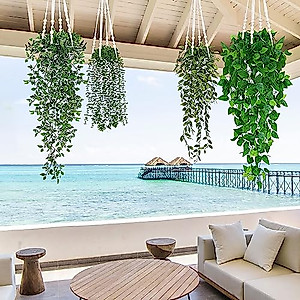 Waipfaru Fake Hanging Plant with Pot, 4Pcs Artificial Hanging Plants with Fake Ivy Vines, Faux Potted Greenery Faux Eucalyptus Pothos Mandala Pea Pods for Home Room Wall Shelf Indoor Outdoor Decor