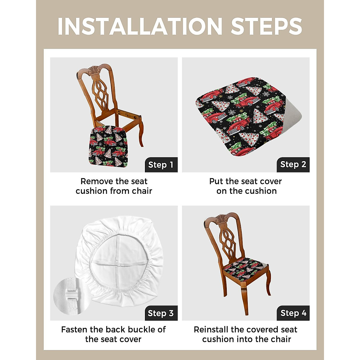 ZOE GARDEN Christmas Red Car Chair Seat Covers for Dining Room Stretch Chair Seat Covers Set of 4, Chair Seat Protector Cushion Slipcovers for Kitchen Restaurant Office Xmas Pine Tree Snowflake Black