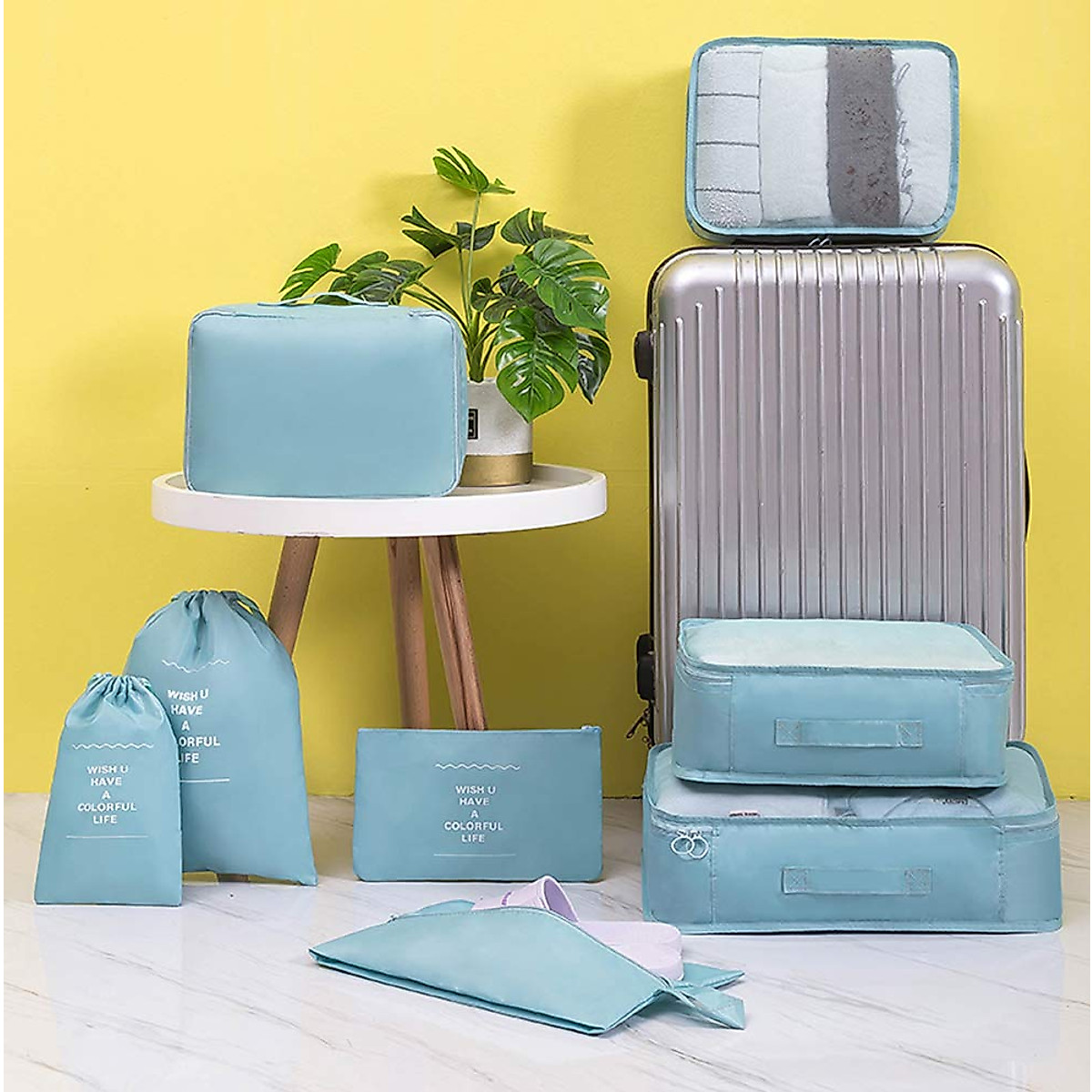 Belsmi 9 Set Packing Cubes with Shoe Bag - Compression Travel Luggage Organizer (9pcs Grey)