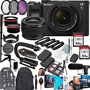Sony Alpha a7C Mirrorless Digital Camera with 28-60mm Lens (Black) + 2 x 64GB Memory Cards + NP-FZ-100 Battery + USB Card Reader + Microphone + Accessory Bundle (Renewed)