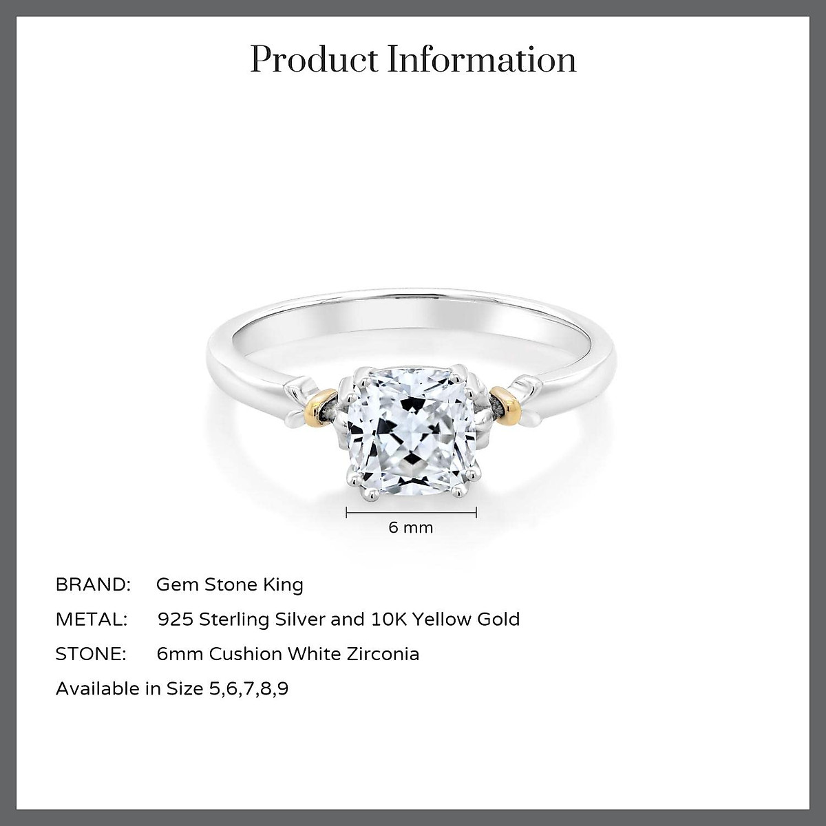 Gem Stone King 925 Sterling Silver and 10K Yellow Gold 6MM Cushion Cut Gemstone Birthstone Engagement Ring | Wedding Anniversary Promise Ring For Women | Available In Size 5, 6, 7, 8, 9