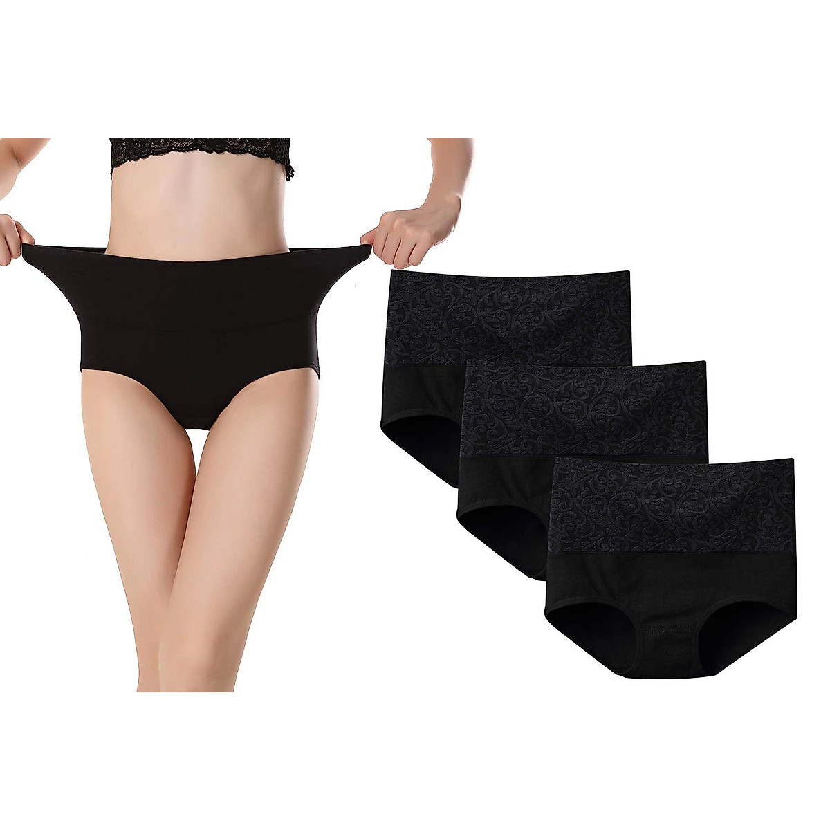 3-Pack High Waist Tummy Control Panties for Women, Cotton Underwear No Muffin Top Shapewear Brief Panties (3-Pack, Medium)