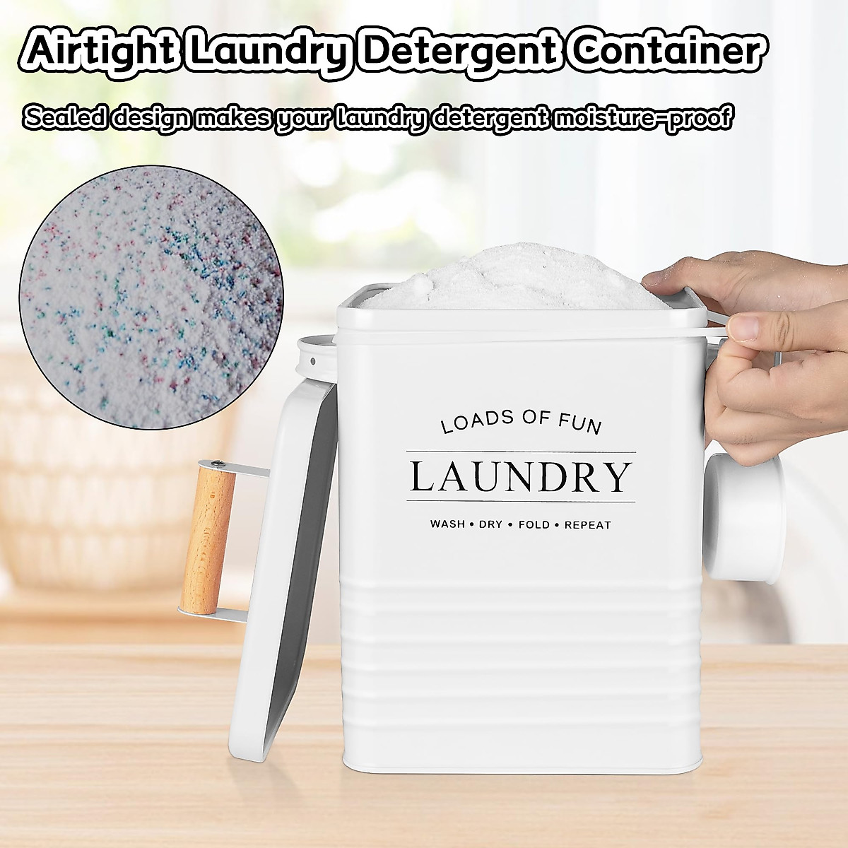 Metal Laundry Powder Detergent Container for Laundry Room Organization and Storage, Large Airtight Laundry Soap Dispenser with Scoop and Handles, Modern Farmhouse Laundry Pods Container, White