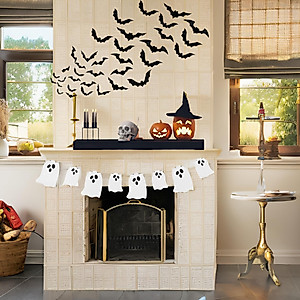 Halloween Hanging Glitter Ghost Banner with 60PCS 3D Halloween Bats – Spooky Party Decorations for Home, Office, and Classroom – Indoor and Outdoor Halloween Decor Set