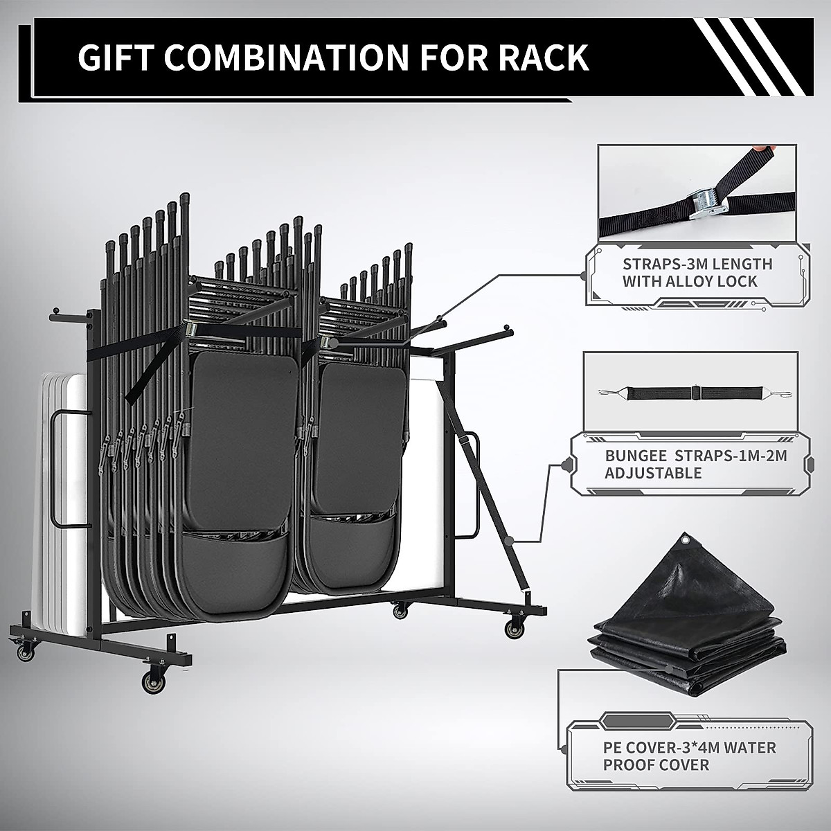 Folding Table and Chair Cart, Folding Chair and Table Storage Rack with 400LBS Capacity for 42 Folding Chairs Heavy Metal Folding Chair Dolly Holder Rack with Rubber Locking Wheels,Straps and Cover