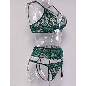 Women Lingerie with Stockings and Gloves,Garter Belt Lingerie Set Green M