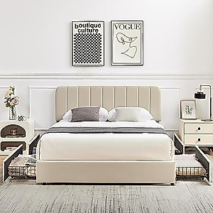VECELO Full Size Upholstered Bed Frame with 4 Drawers and Adjustable Headboard, Velvet Platform Storage Bedframe Mattress Foundation, Wooden Slats Support, No Box Spring Needed, Beige