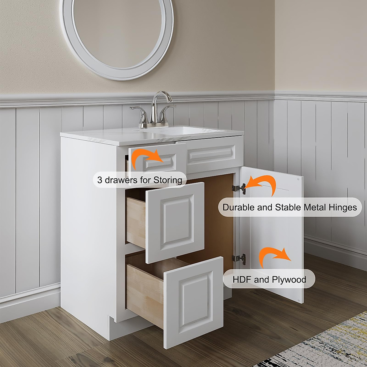 LOVMOR 30'' Bathroom Vanity Sink Base Cabine, Storage Cabinet with 3-Drawers on The Left, Suitable for Bathrooms, Kitchens, Laundry Rooms and Other Places.