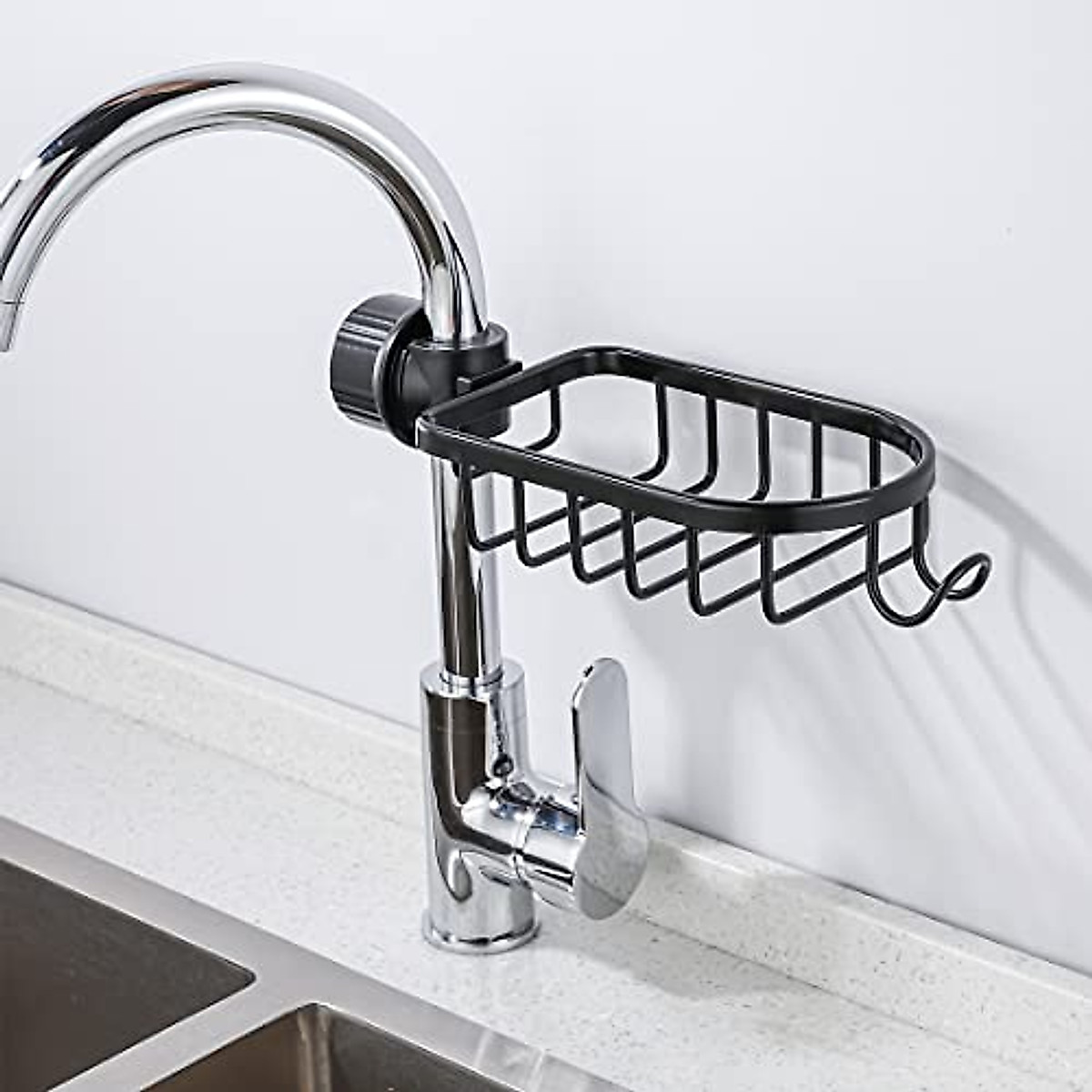 DBlosp Sponge Holder Faucet Kitchen Sink Organizer,Sink Sponge Holder,Aluminium Detachable Storage Rack for Kitchen Sinks and Bathroom Organization(Black)