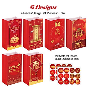 MIMIND 24 Pieces 2023 Happy Chinese New Year Gift Bags Lunar New Year Spring Festival Treat Candy Favor Bags with Round Sticker for Year of The Rabbit Chinese New Year Party Supplies Decors, 6 Design
