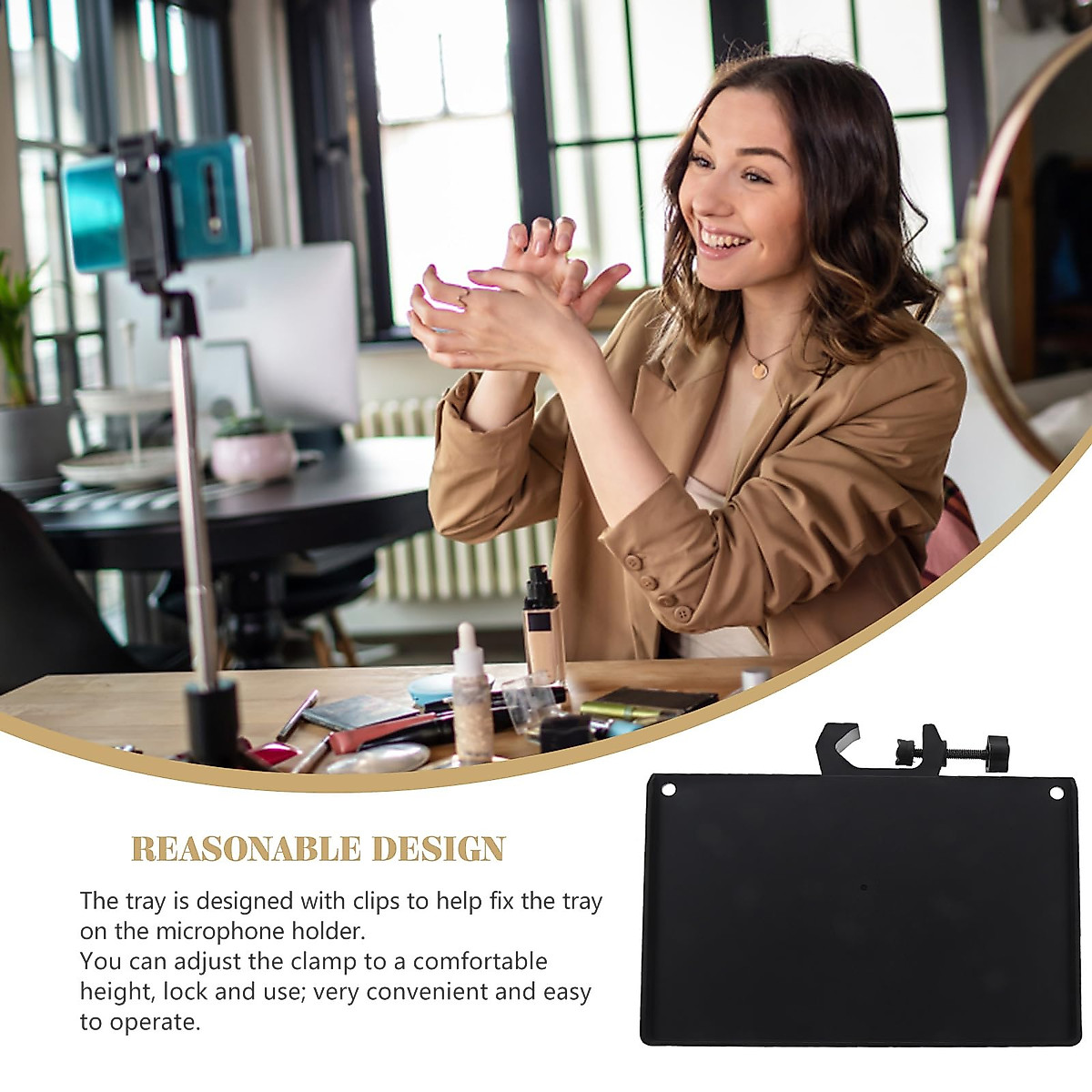 Microphone Stand Clamp- On Utility Shelf Adjustable Table Live Broadcast Mic Stand Phone Clip Holder Rack Music Sheet for Microphone Instrument Accessory Black