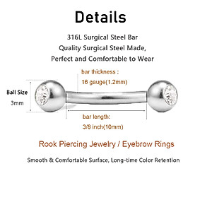 MODRSA Rook Piercing Jewelry Rook Earrings for Women Eyebrow Rings Surgical Steel Nose Bridge Curved Barbell 16 gauge Surface Tragus Piercing Jewelry Snug Earring
