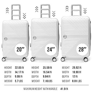 Feelway Travel 3-Piece Hard Side Luggage Suitcase Set Durable, Expandable Design with 360° Double Spinner Wheels, TSA Lock, Telescopic Handle, Secure Zipper (White, 20", 24", 28")