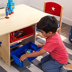 KidKraft Wooden Star Table & Chair Set with 4 Storage Bins, Children's Furniture – Red, Blue & Natural