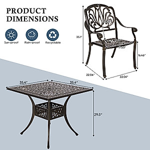 Sumshadow 5-Piece Cast Aluminum Outdoor Patio Dining Set, All Weather Cast Aluminum Outdoor Furniture Dining Set for Patio, Balcony, Lawn, Garden, Backyard w/4 Chairs and Cushions, 2.0" Umbrella Hole