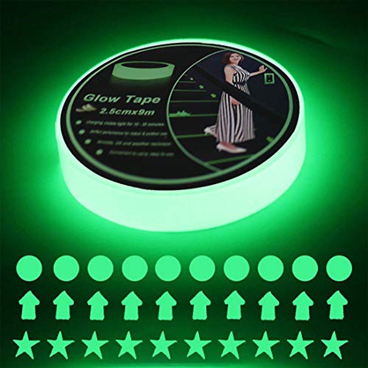 EonBon Glow in The Dark Tape,Luminous Tape 30 Feet x 1 Inch, Removable Waterproof Photo Luminescent Green Glow Tape with 10 Glow Stars, Dots and Arrows, Perfect for Home, Office, Luminous Party