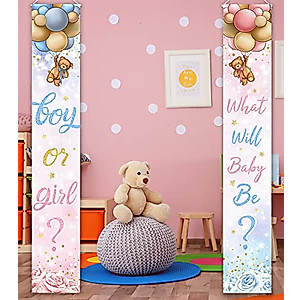 Gender Reveal Decoration-Baby Bear Boy or Girl Porch Sign Banner,Pink Blue Bear Balloon Baby Shower Door Hanging Banner for Boy Girl Gender Reveal Supplies