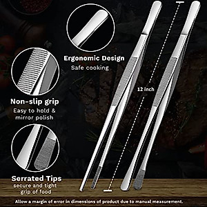 ENESTO Kitchen Tweezers Stainless Steel - Food Tweezers Set 12 inch, Fine Tweezer Tongs, Extra Long Tweezers 2 pcs, Professional Cooking Tweezers with Precision Serrated Tips Cooking Tongs